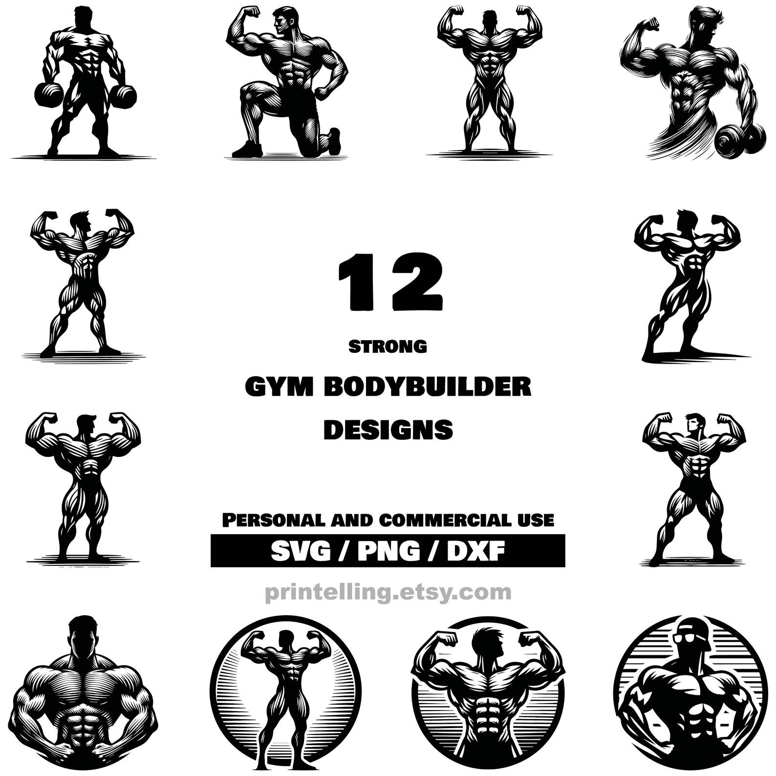 Bodybuilder SVG, PNG, DXF Bundle 12 Clipart Designs for Gym and Fitness ...