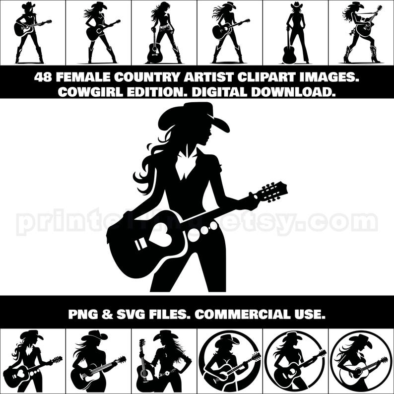 Country Music SVG & PNG Clipart Bundle; 48 Cowgirl Singer With Guitar ...