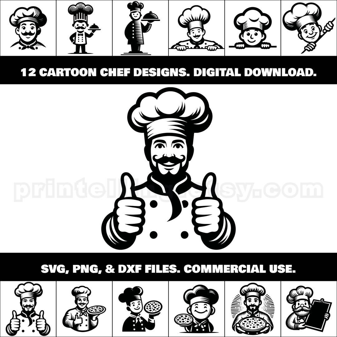 Cartoon Chef SVG, PNG & DXF Bundle; 12 Fun Chef Clipart Images for ...