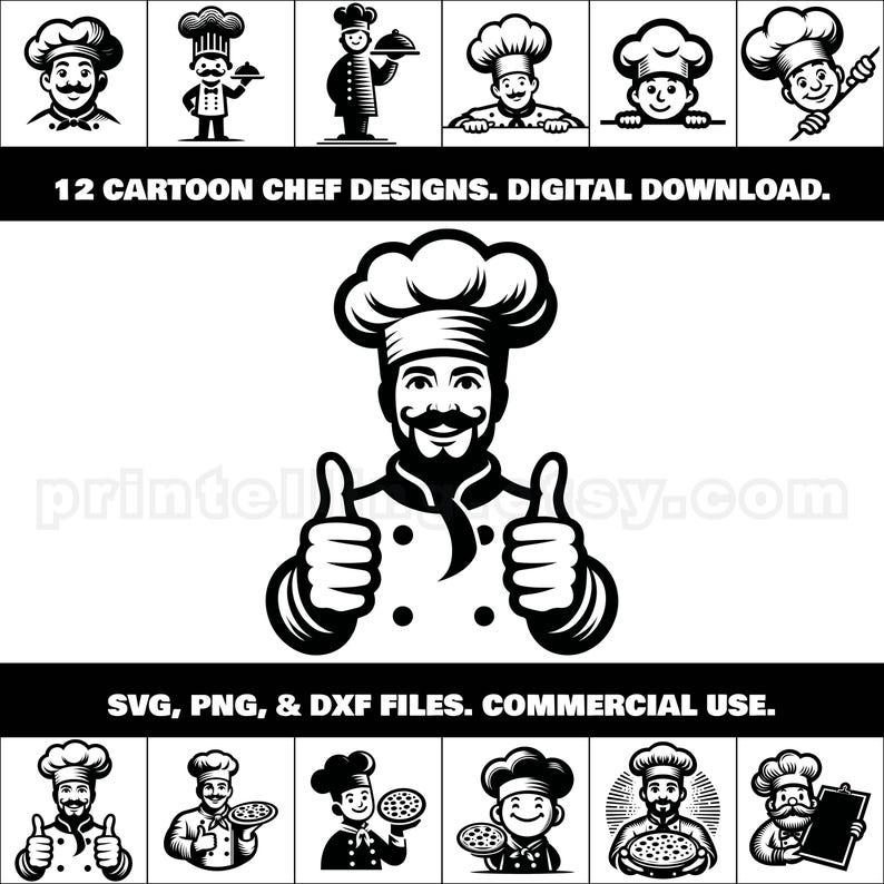 Cartoon Chef SVG, PNG & DXF Bundle; 12 Fun Chef Clipart Images for ...