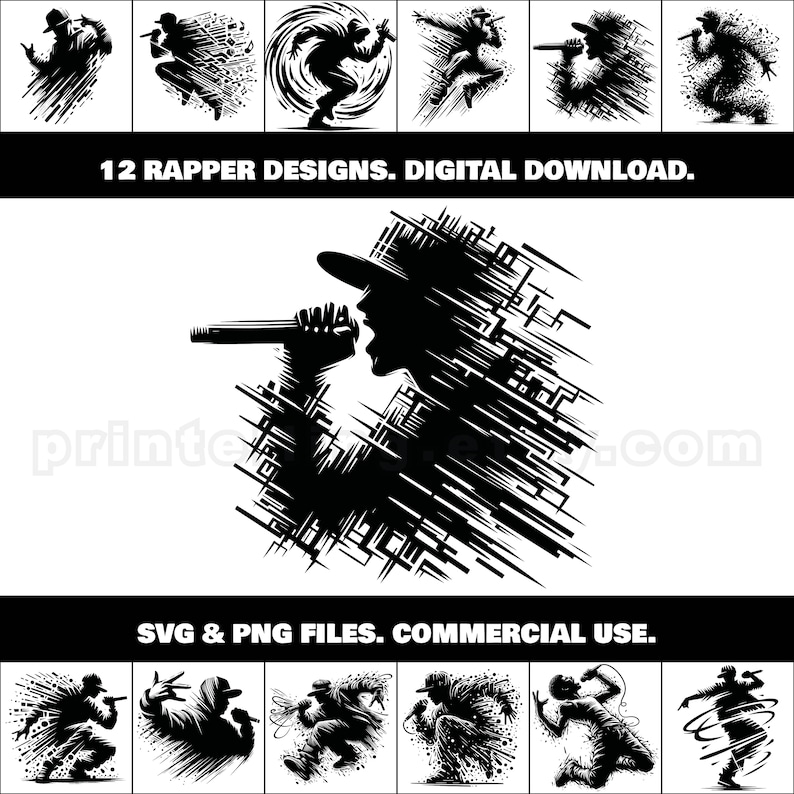 Rap Music Artists SVG & PNG Clipart Bundle 12 Unique Singing Rapper ...