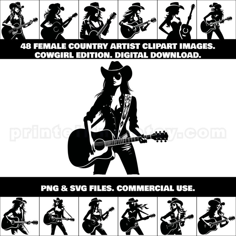 Country Music SVG & PNG Clipart Bundle; 48 Cowgirl Singer With Guitar ...