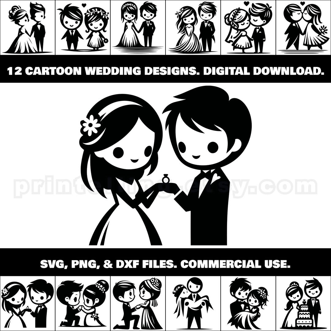 Cartoon Wedding Clipart Bundle: Bride & Groom SVG, PNG, DXF (digital ...