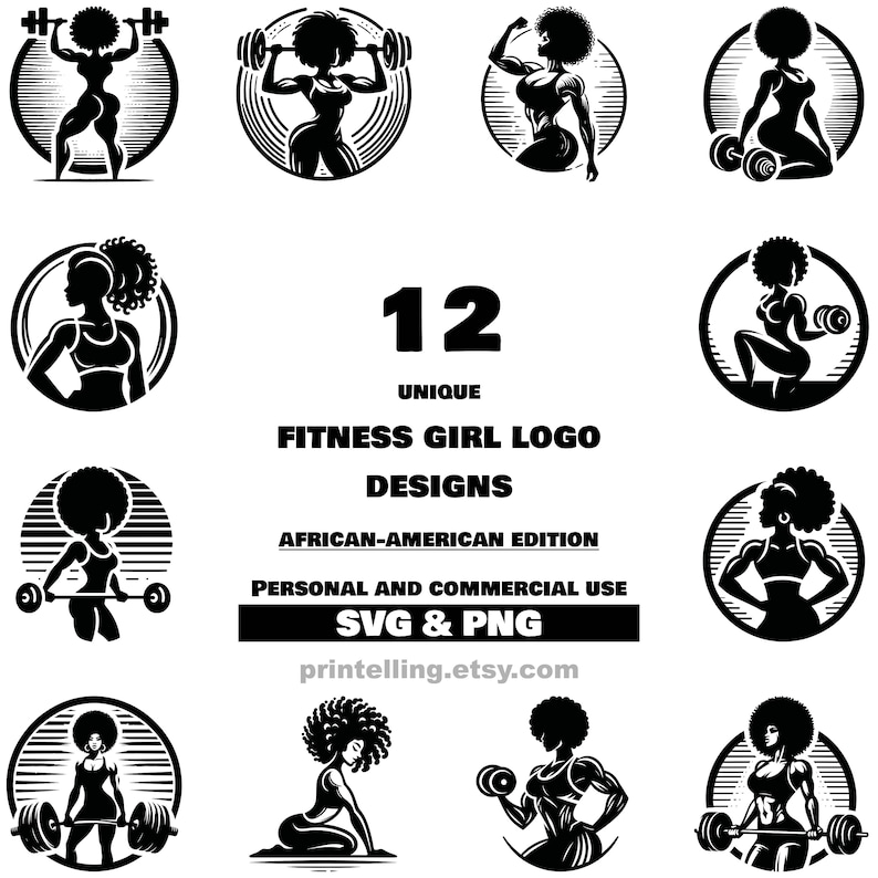 Fitness Girl SVG & PNG Bundle | 12 Logo Style Designs | African ...