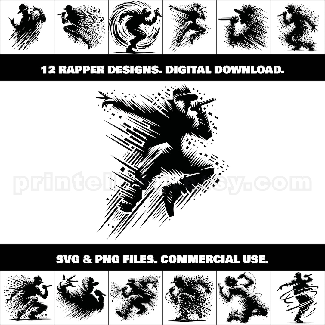 Rap Music Artists SVG & PNG Clipart Bundle 12 Unique Singing Rapper ...