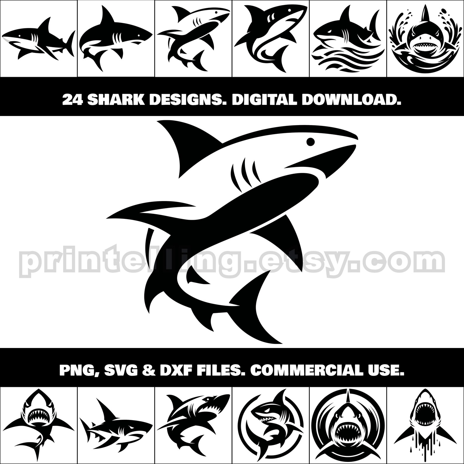 Hai SVG, PNG, DXF Clipart Bundle; 24 Designs für Shirts, Wandkunst ...