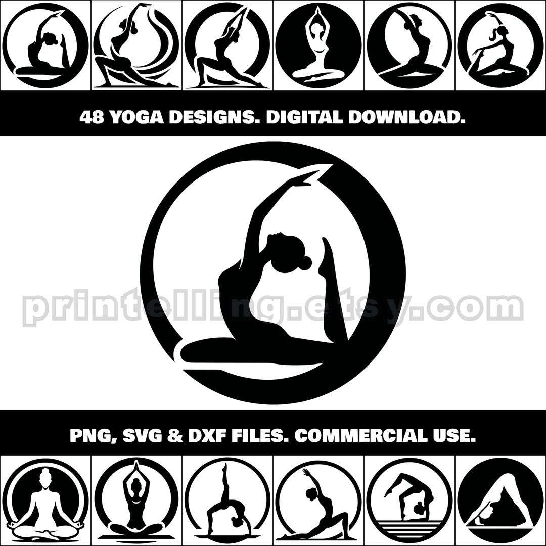 Yoga SVG, PNG & DXF Bundle; 48 Designs for Shirts, Wall Art, Decor ...