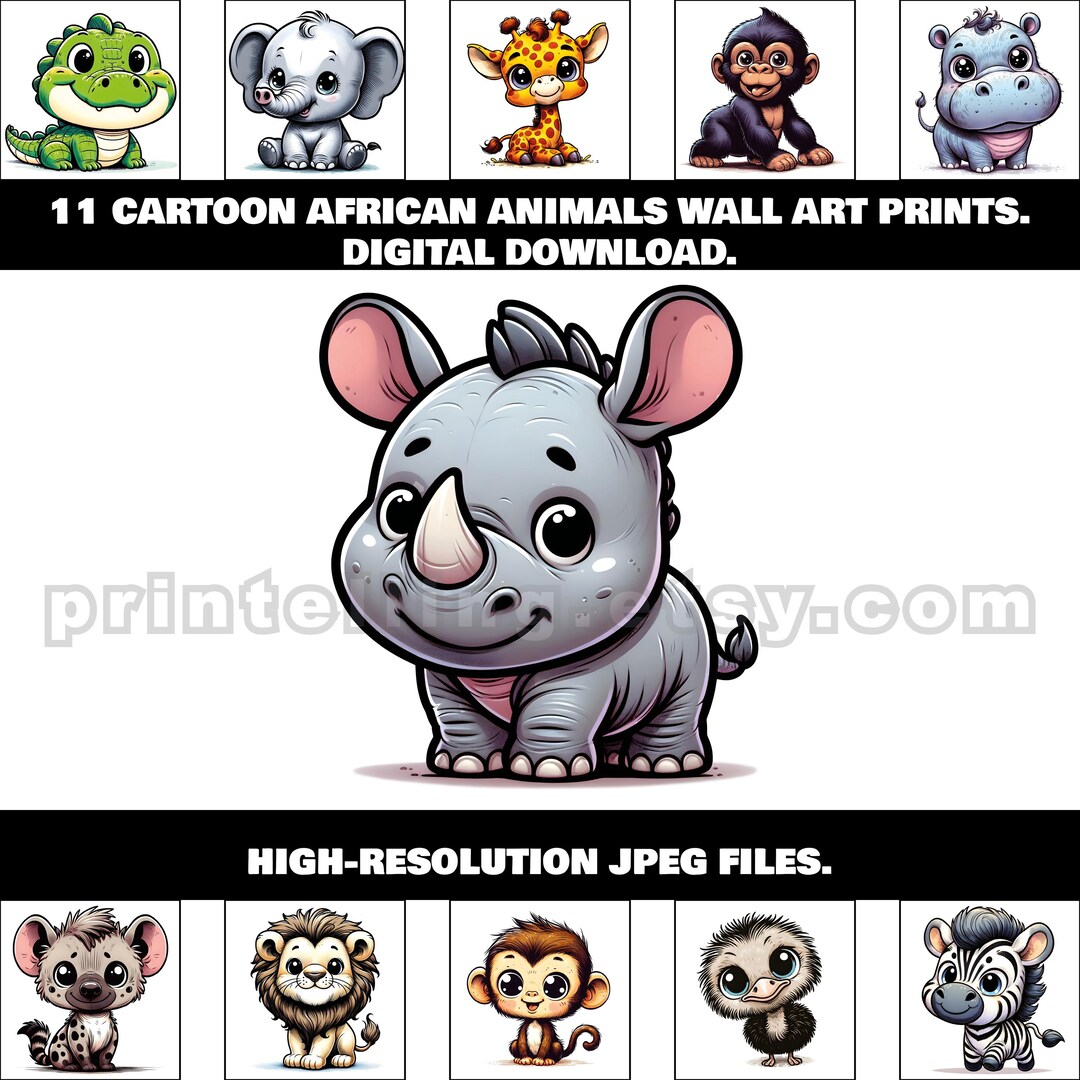 African Safari Nursery Wall Art Prints; 11 Cute Cartoon Animals Bundle ...