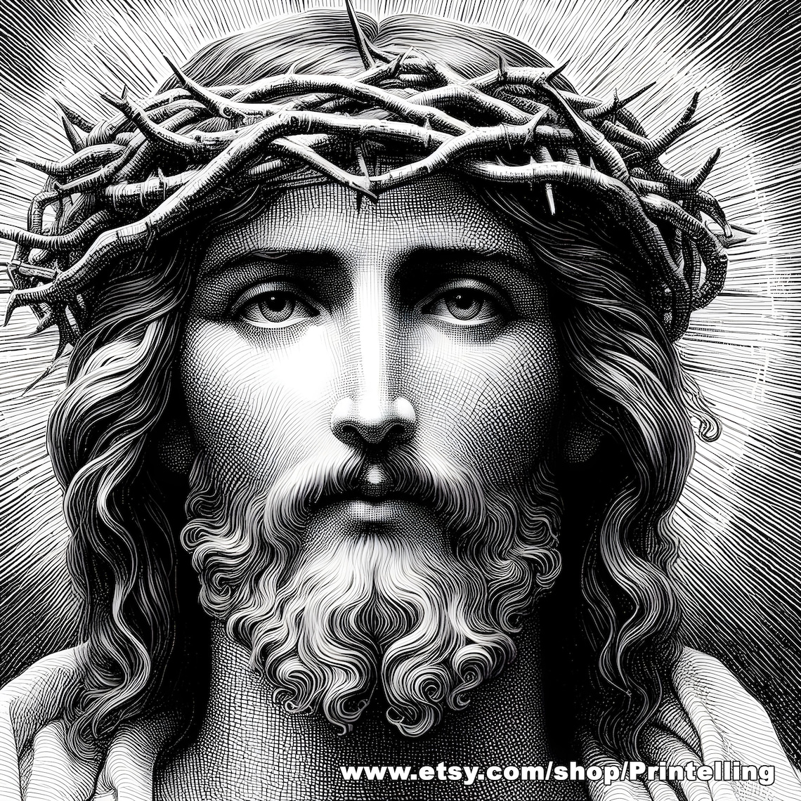 Jesus Christ Crown of Thorns Portrait: Classic Style Religious Art (JPG ...