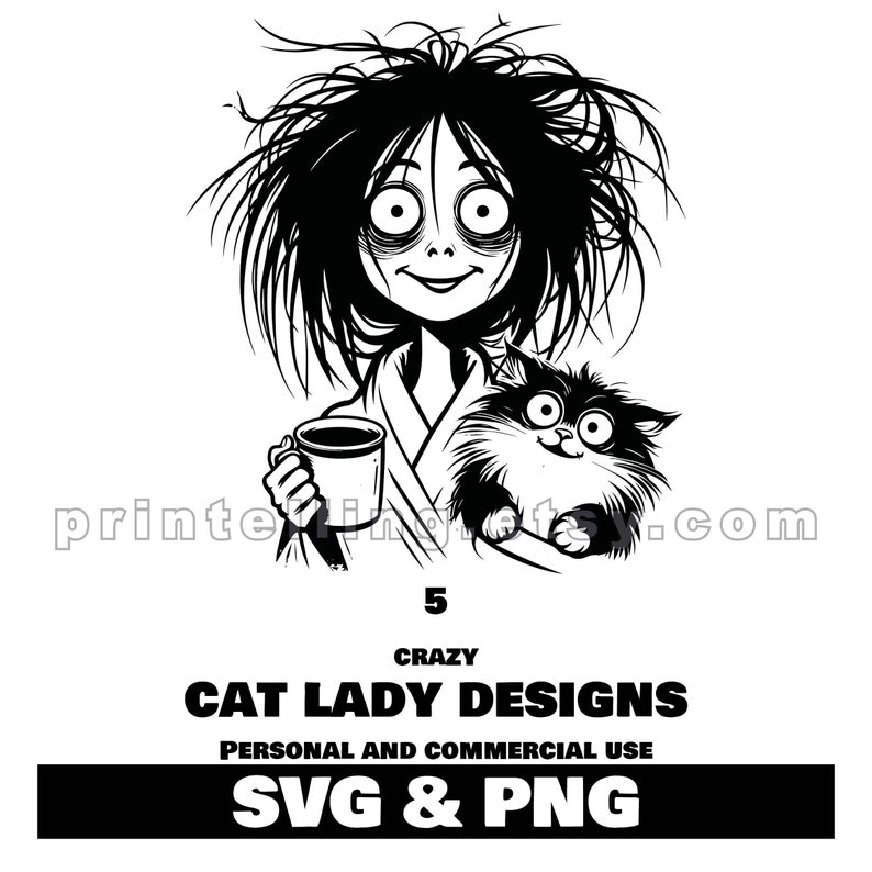 Funny Crazy Cat Lady SVG PNG Bundle: Coffee Lover Designs (instant ...