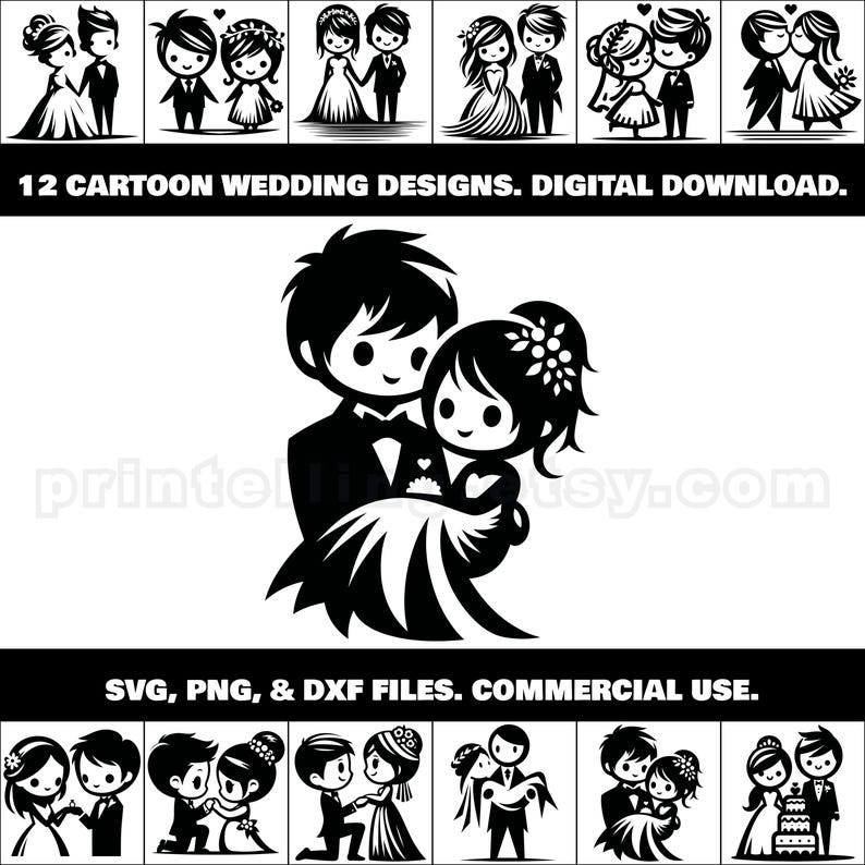 Cartoon Wedding Clipart Bundle: Bride & Groom SVG, PNG, DXF (digital ...