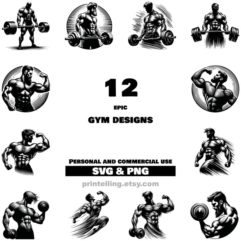 Epic Gym Workout SVG & PNG Bundle, 12 Clipart Images to Design Shirts ...