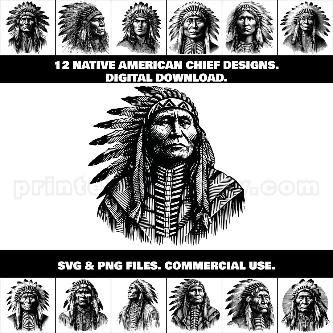 Native American Chief PNG & SVG Clipart Bundle; 12 Tribal Chief ...