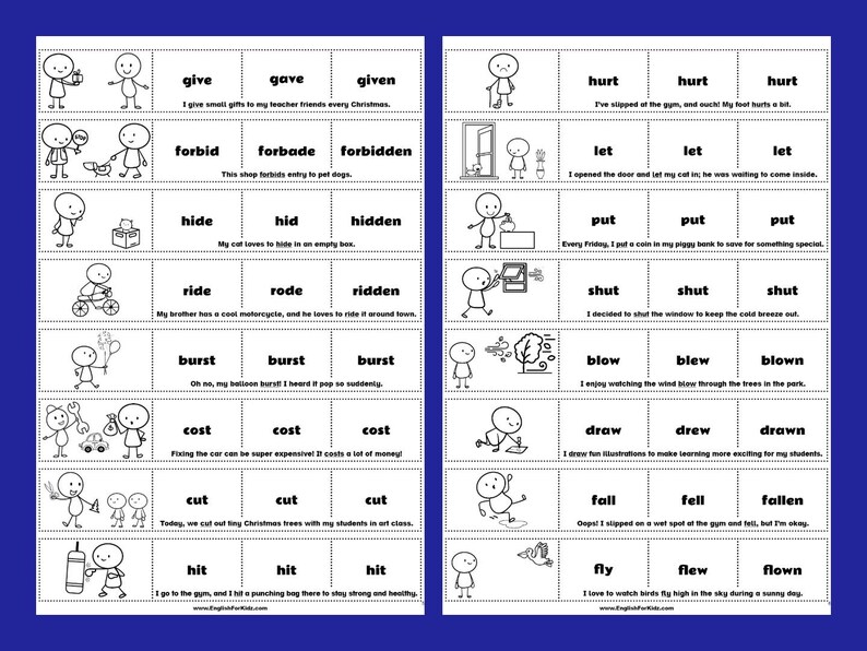 Tablas ilustradas de verbos irregulares; Pósteres imprimibles con ...