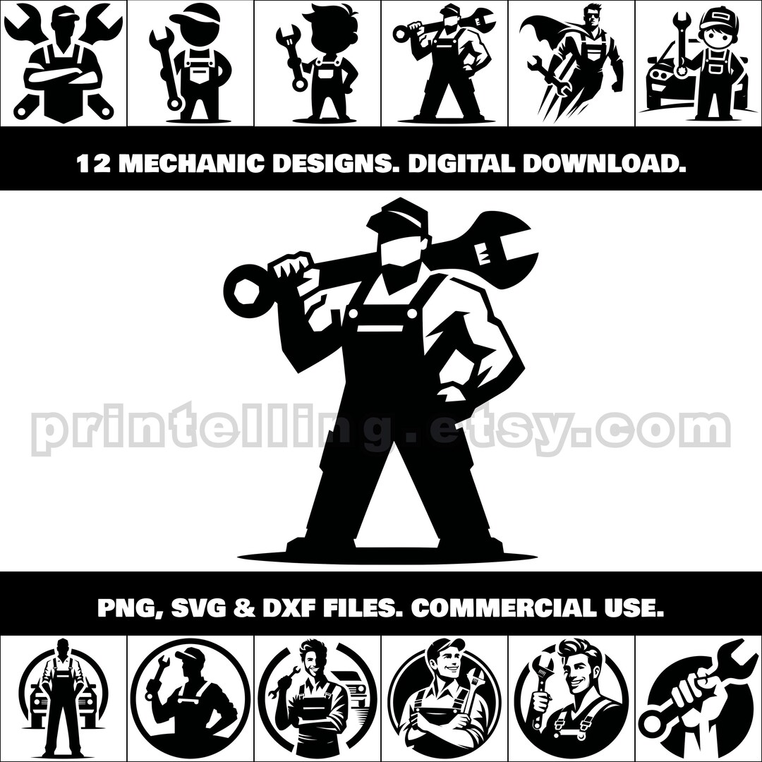 Mechanic SVG, PNG, DXF Clipart Bundle; 12 Designs for Shirts, Wall Art ...