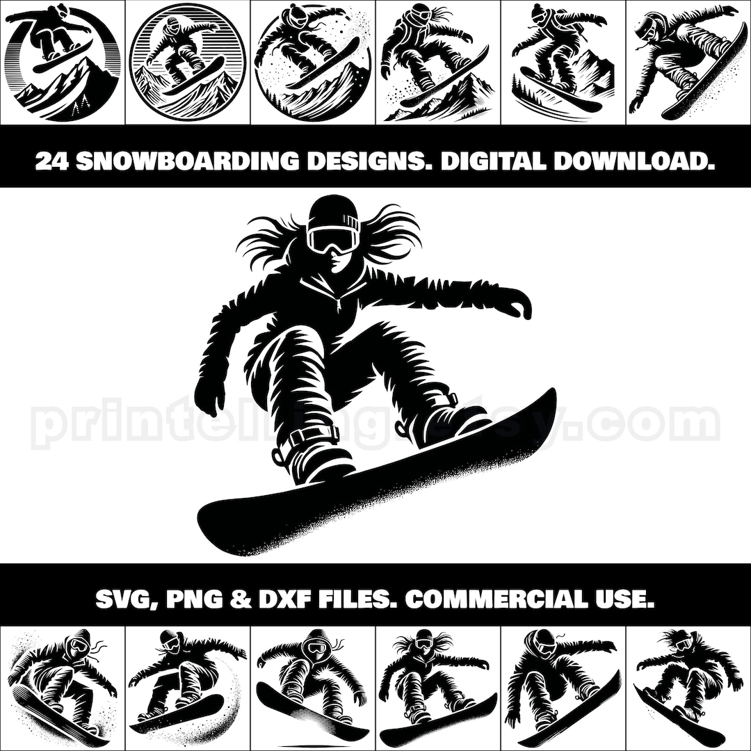 Snowboarder PNG, SVG, DXF Clipart Bundle; 24 Snowboarding Designs for ...