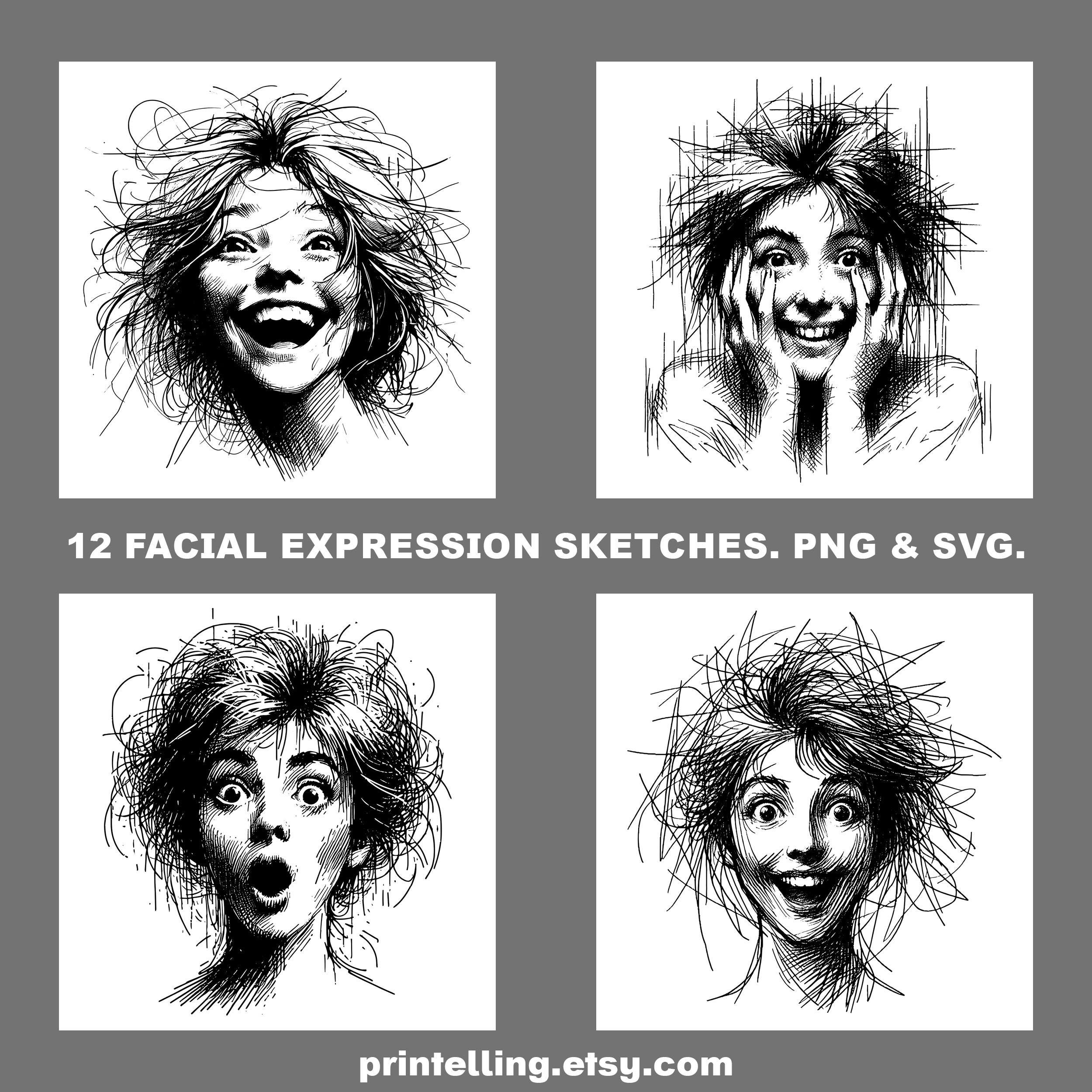 Facial Expressions Clipart Bundle; 12 PNG & SVG Line Art Sketches of ...