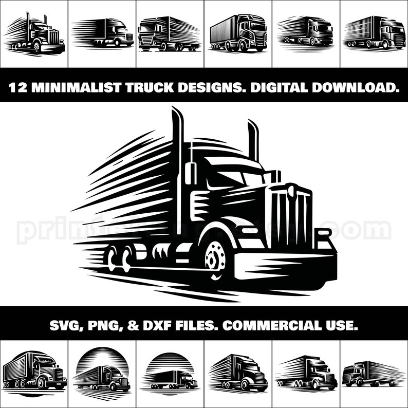Semi-trucks SVG, PNG, & DXF Bundle; 12 Minimalist Truck Designs for ...
