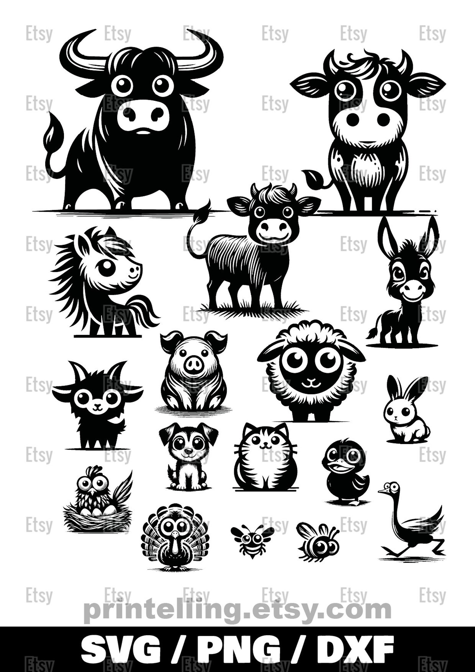 Cute Cartoon Farm Animals SVG, PNG, & DXF Bundle - 17 Stencil Art Style ...