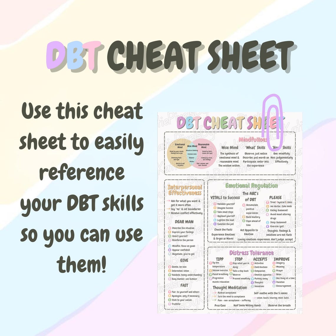 DBT Cheat Sheet, DBT Skills, Borderline, Bpd, Therapy Worksheet, Mental ...