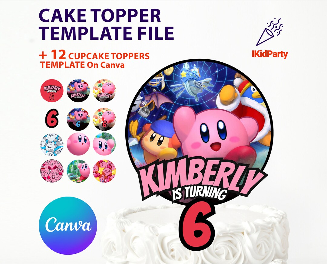 Printable Kirby Cake Topper Kirby Cupcake Topper Customizable Canva ...