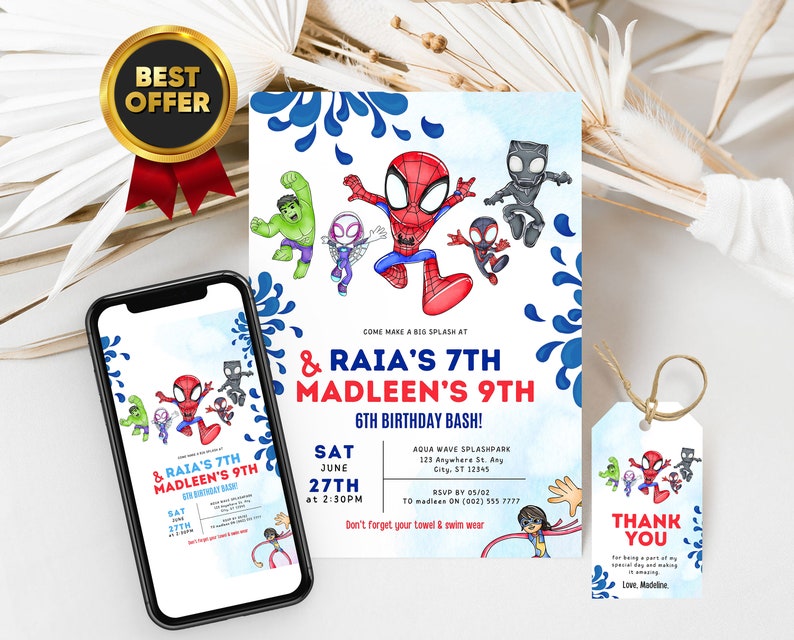 Joint Pool Party Birthday Invitation, Spidey and His Amazing Friends ...