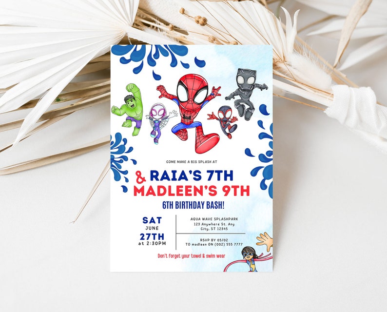 Joint Pool Party Birthday Invitation, Spidey and His Amazing Friends ...