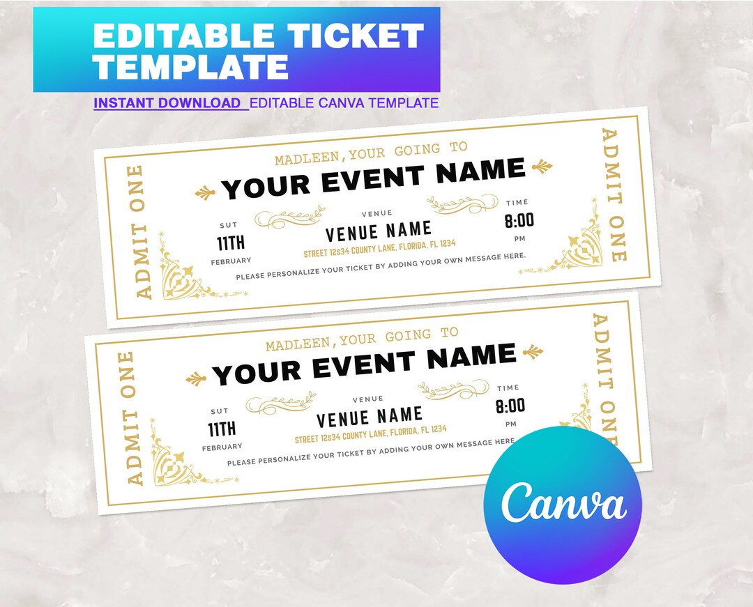 Custom White and Gold Event Ticket Template, EDITABLE DIY Event ...
