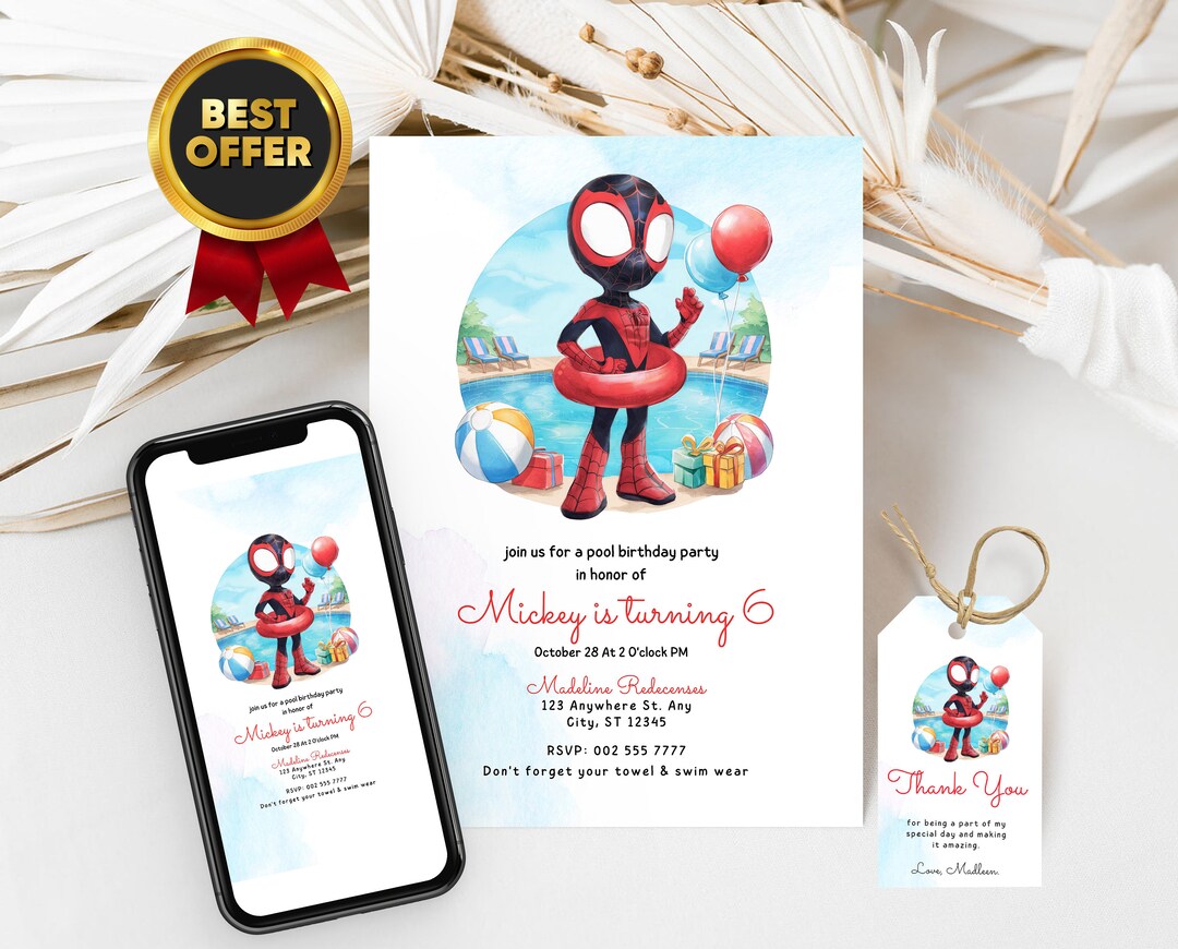 Pool Party Birthday Invitation, Spin Spidey and His Amazing Friends ...