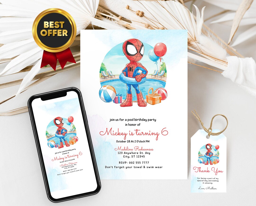 Pool Party Birthday Invitation, Spidey and His Amazing Friends Birthday ...