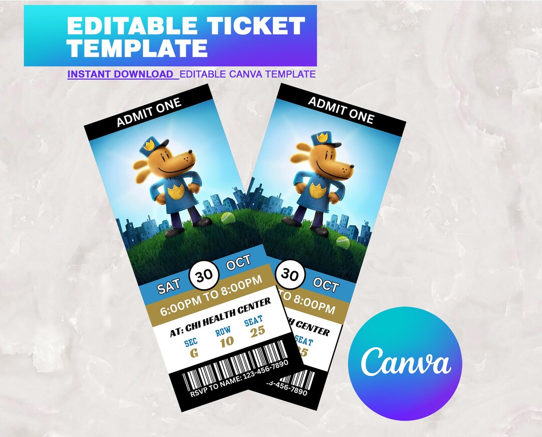 Editable Dog Man Movie Ticket Birthday Invitation, Editable Dog Man ...
