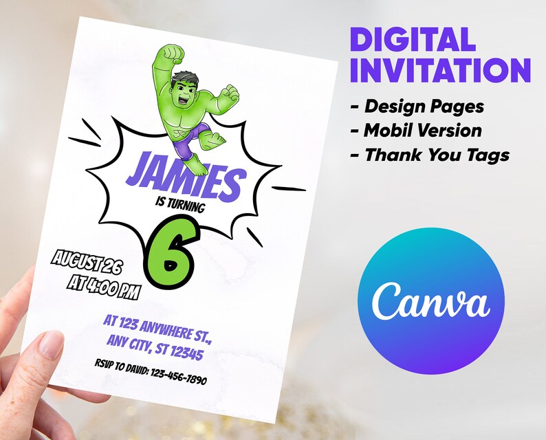 Hulk Birthday Invitation With Free Hulk Thank You Tags & Hulk Phone ...