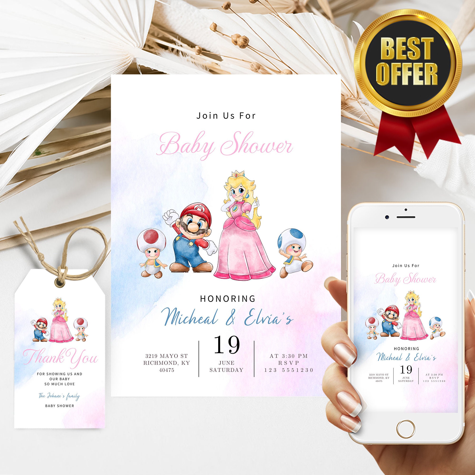 Editable Mario and Princess Peach Baby Shower Invitation Template ...