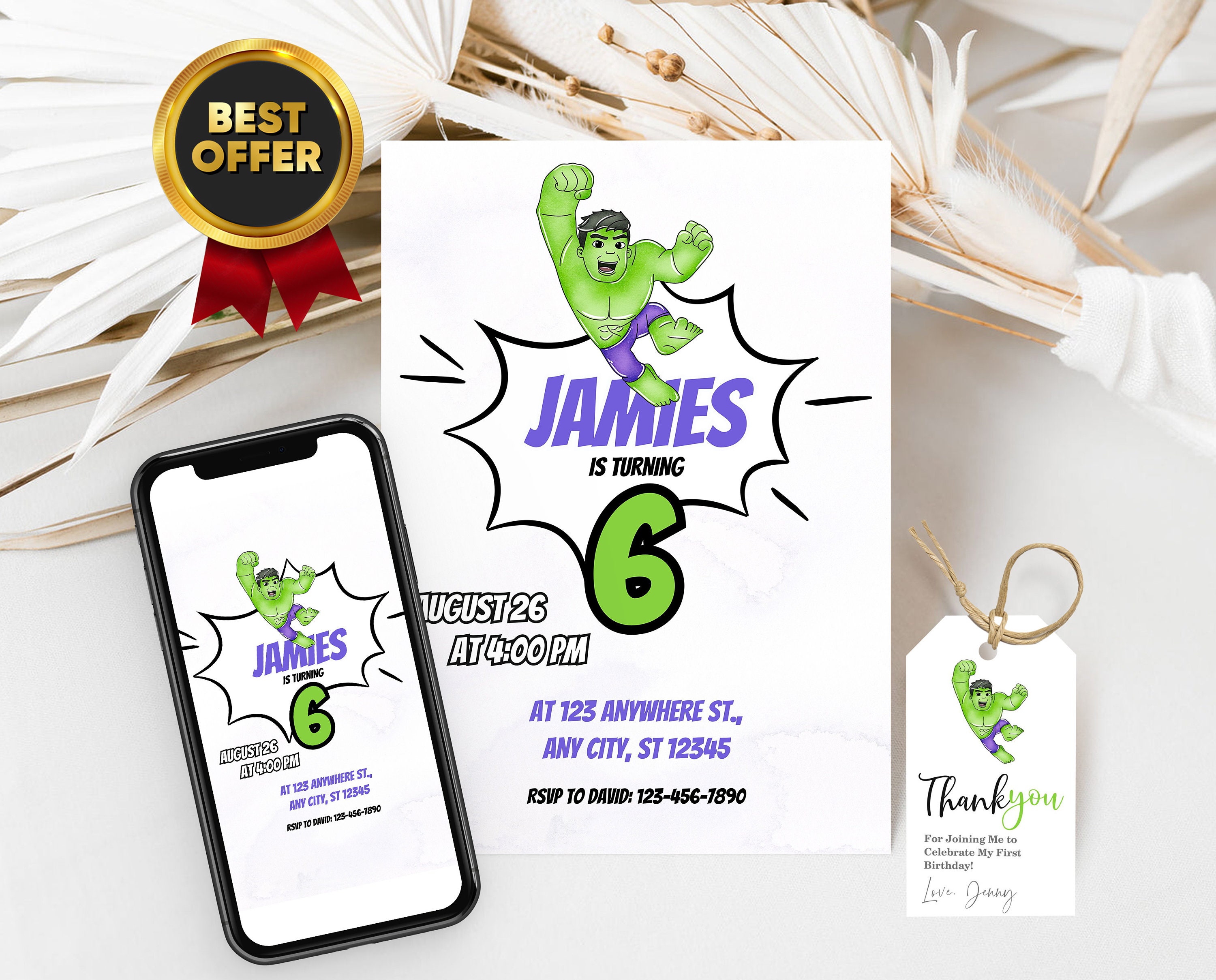 Hulk Birthday Invitation With Free Hulk Thank You Tags & Hulk Phone ...