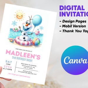 Olaf Pool Party Invitation With Free Thank You Tag & Phone Version for ...