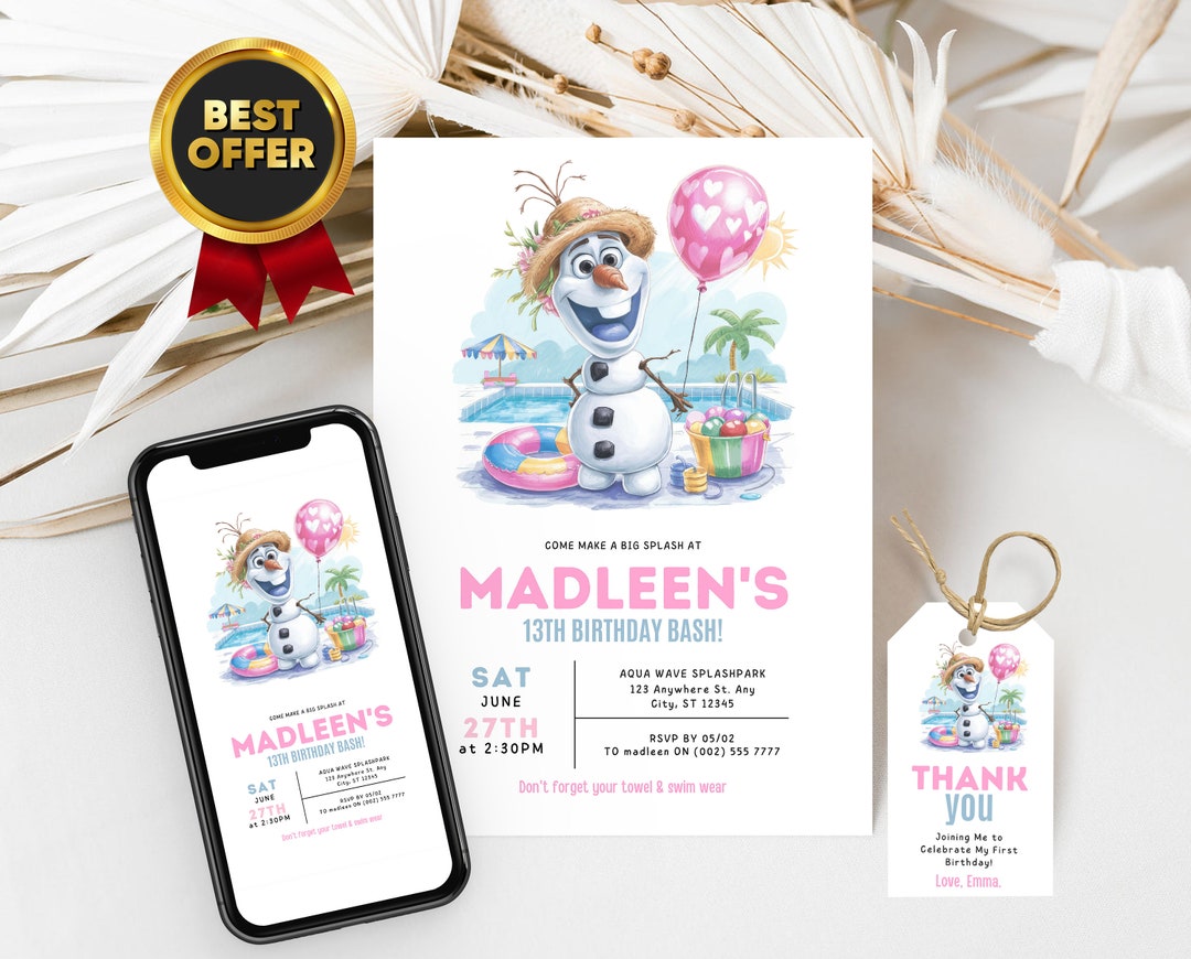 Olaf Pool Party Invitation With Free Thank You Tag & Phone Version for ...