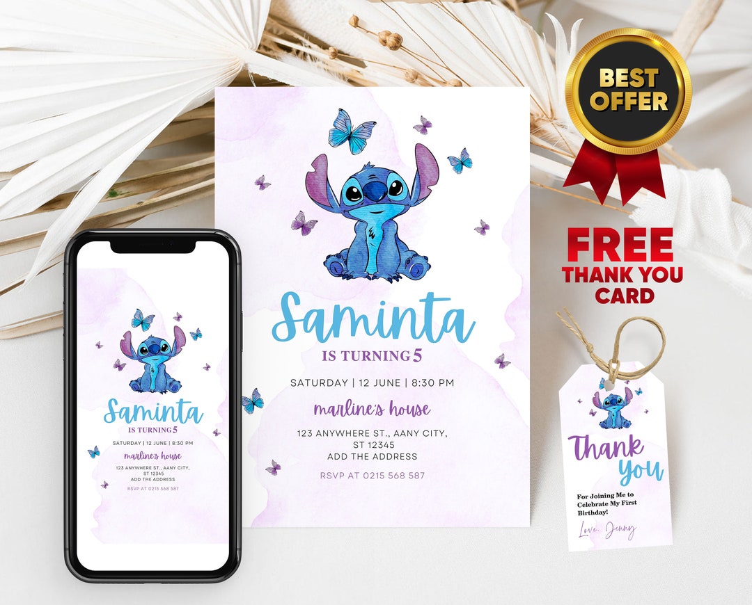 Editable Stitch Invitation Digital With Butterfly FREE Thank You Tags ...