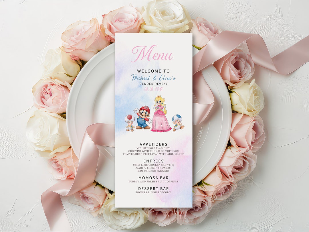 Editable Mario and Princess Peach Menu Card Baby Shower 4 X 9, Mario ...
