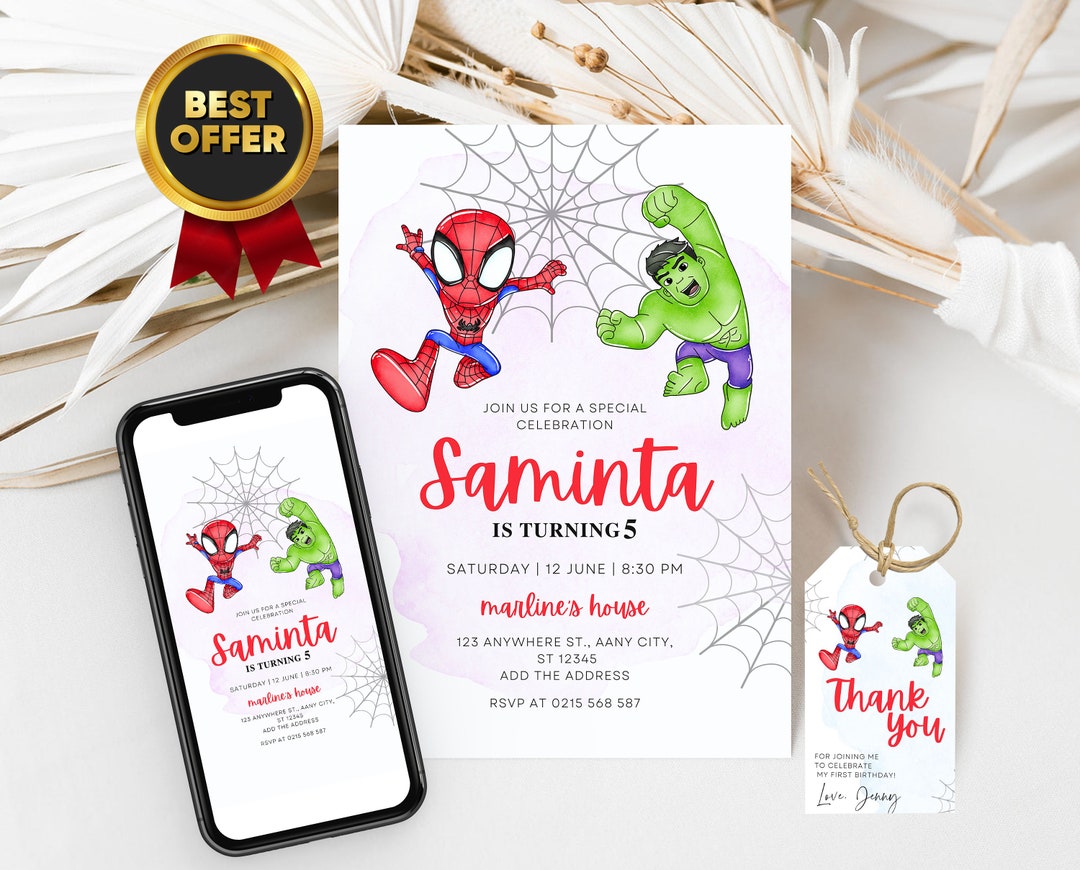 Spidey and Hulk Birthday Invitation With FREE Spidey Thank You Tags ...