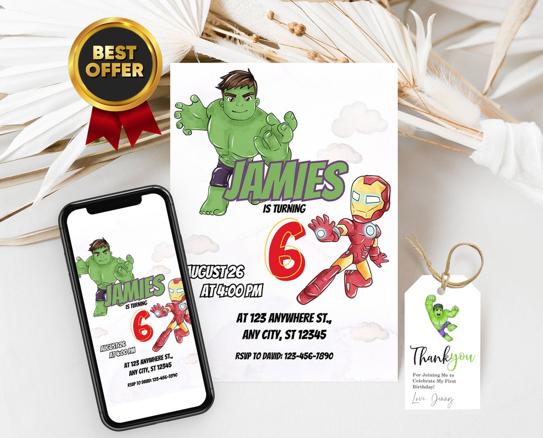 Editable Hulk Invitation With Free Hulk Thank You Tags & Hulk Phone ...
