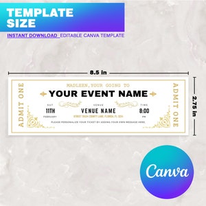 Custom White and Gold Event Ticket Template, EDITABLE DIY Event ...