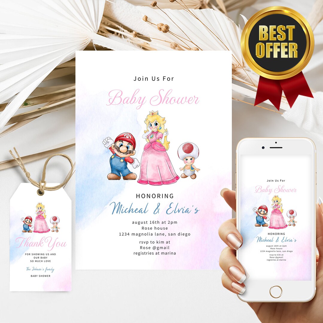 Editable Mario and Princess Peach Baby Shower Invitation Template ...