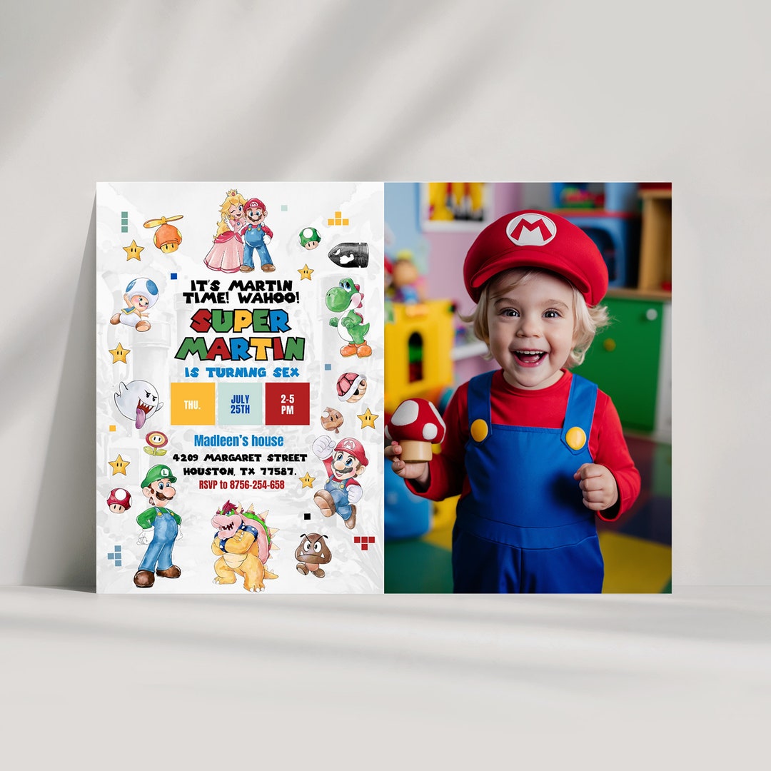 Invitación de cumpleaños de Super Mario con foto, Descarga digital ...