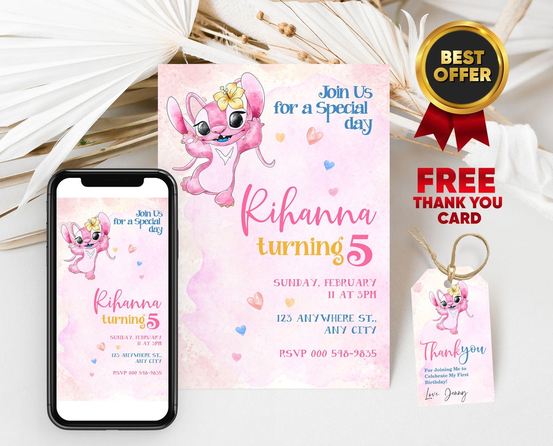 Editable Stitch Angel Invitation Girl and FREE Thank You Tags & Phone ...