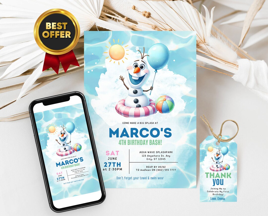 Olaf Pool Party Invitation With Free Thank You Tag & Phone Version for ...