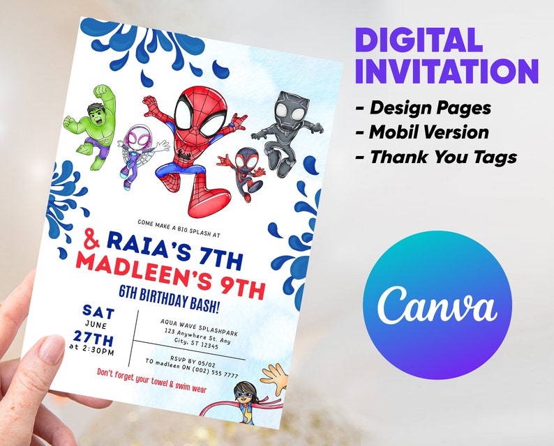 Joint Pool Party Birthday Invitation, Spidey and His Amazing Friends ...