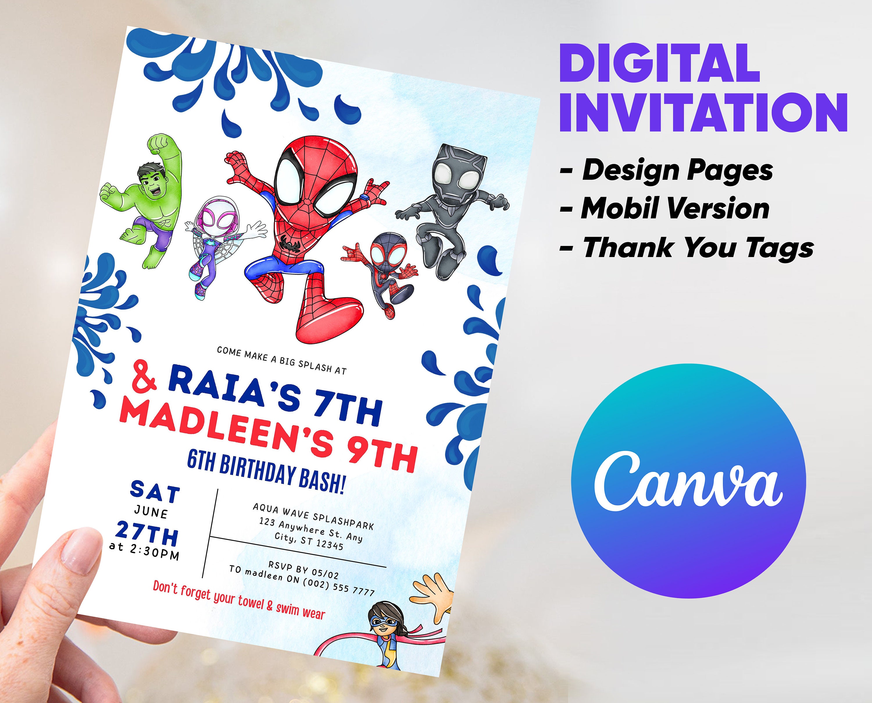 Joint Pool Party Birthday Invitation, Spidey and His Amazing Friends ...