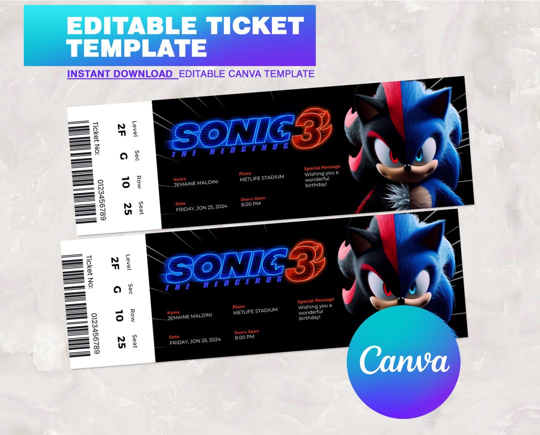 Sonic 3 Movie Ticket Birthday Invitation, Editable Sonic 3 Invitation ...