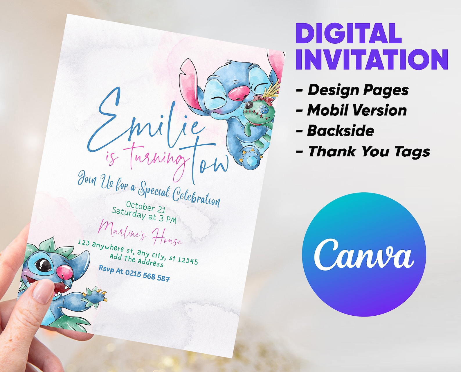 Editable Stitch Birthday Invitation Template FREE Thank You Tags ...