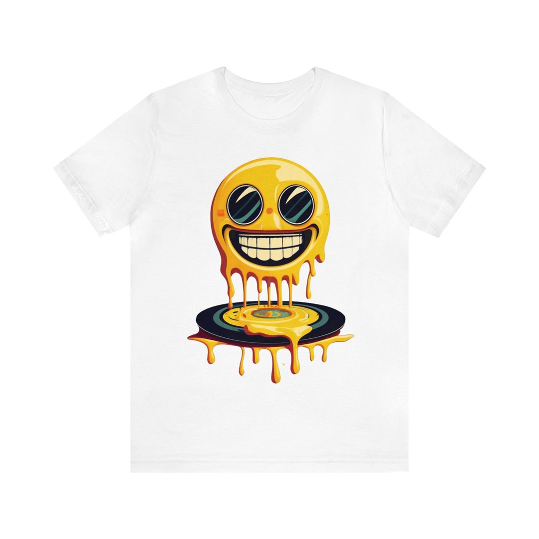 Smiley Face Vinyl Record T-shirt, Retro Music Lover Tee, Trippy Melting ...